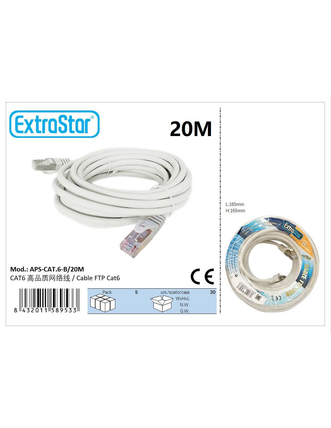 CABLE DE RED FTP CAT6 20 MTS CJ30 [6APSCAT6B20M]